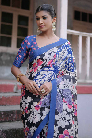 Buy Lili Lala Black Floral Cotton Silk Saree online at ScrollnShops